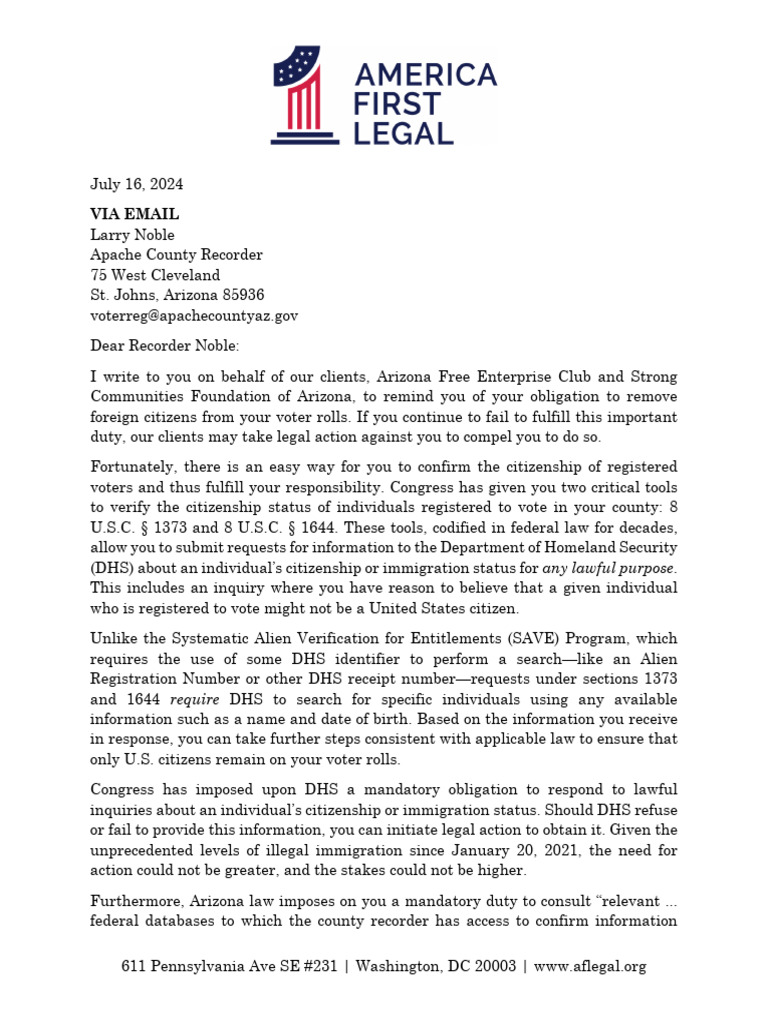 AFL Letter To AZ County Recorders Re 1373 and 1644 2 | PDF | Voter ...