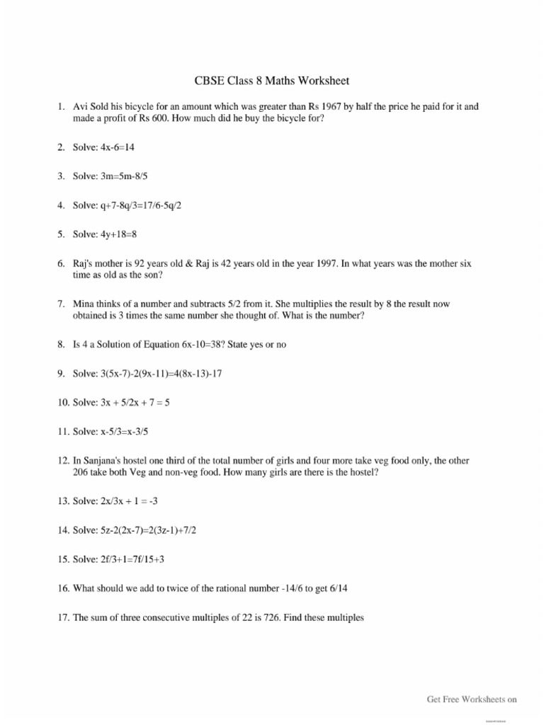 CBSE Class 8 Maths Worksheet | PDF