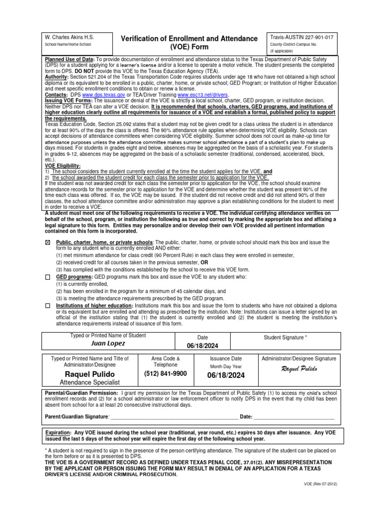 Texas VOE Form for Student Licensing | PDF | General Educational ...