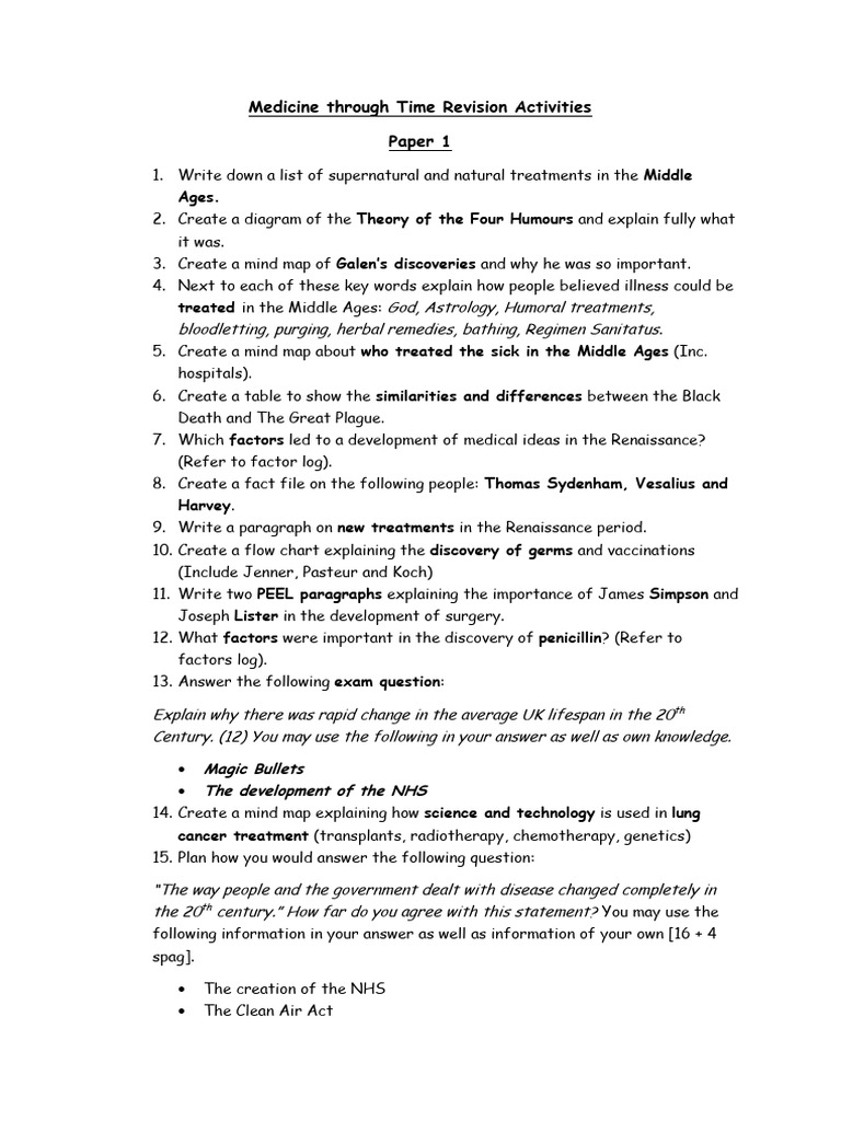 Medicine through Time Revision Activities. | PDF