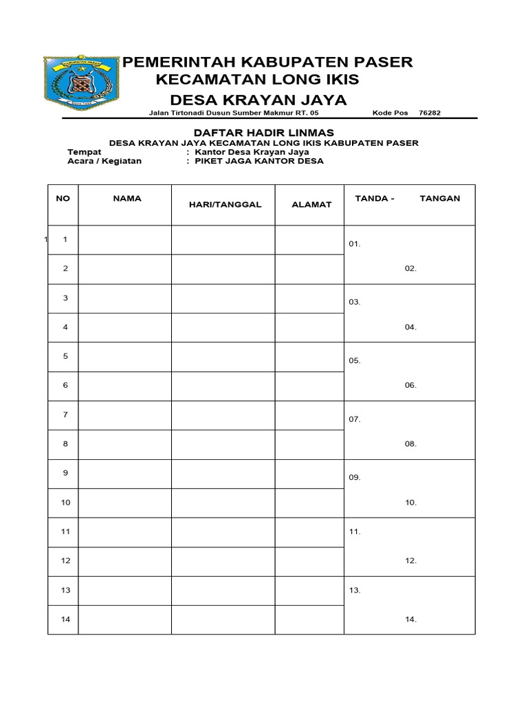 Daftar Hadir Linmas Desa Krayan Jaya | PDF