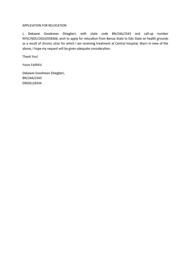 Application For Relocation For Nysc | PDF