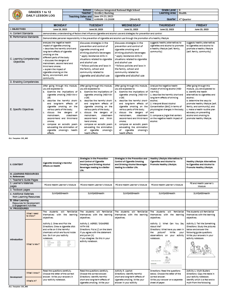 Q4W4 - Health 8 - DLL - June 19 23 2023 | PDF | Cigarette | Learning