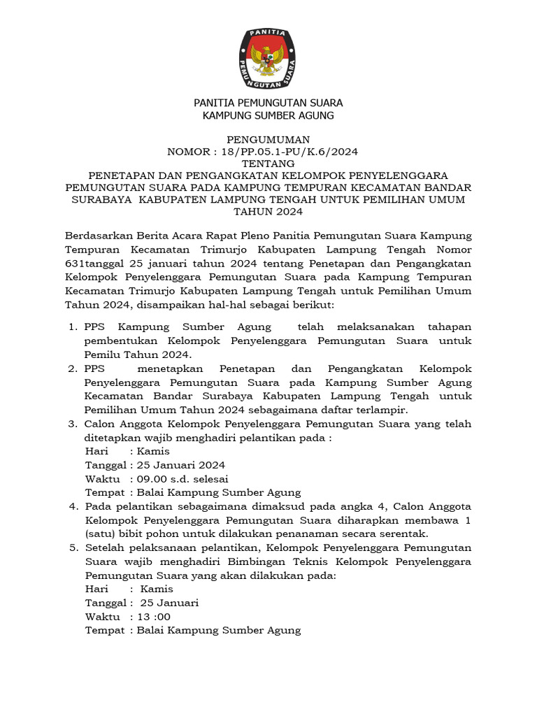 Format Pengumuman Pengangkatan KPPS | PDF