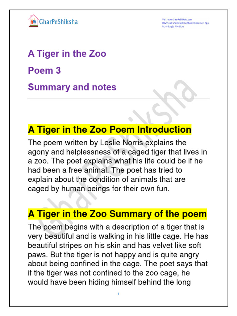 A Tiger in The Zoo Poem 3 Notes and Summary | PDF | Tiger | Zoo