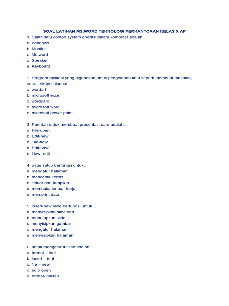 LATIHAN SOAL MS - Word - X TEKPER | PDF | Metode & Bahan Ajar | Seni