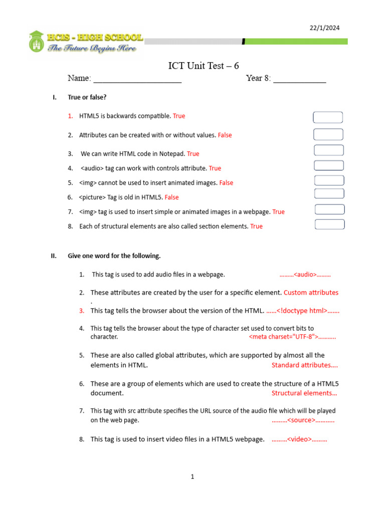 Unit Test 6 - Year 8 Ch6 (Term 3) Marking | PDF | Html Element | Html