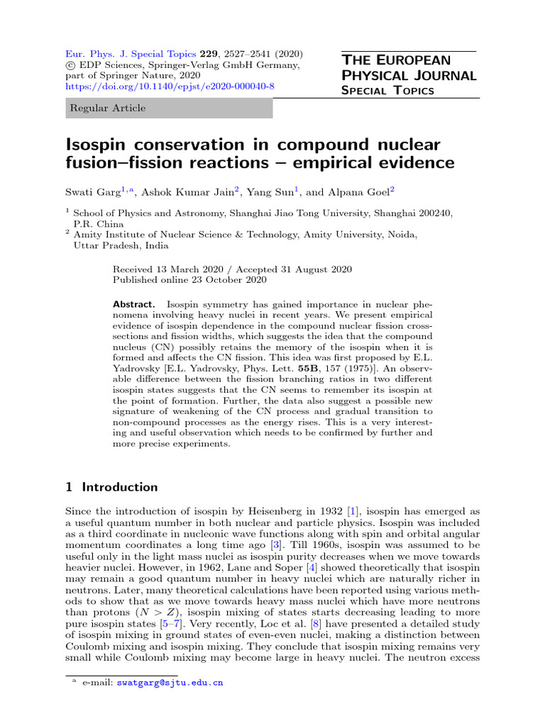 Isospin Conservation in Compound Nuclear Fusion Fission Reactions Empirical Evidence | PDF ...