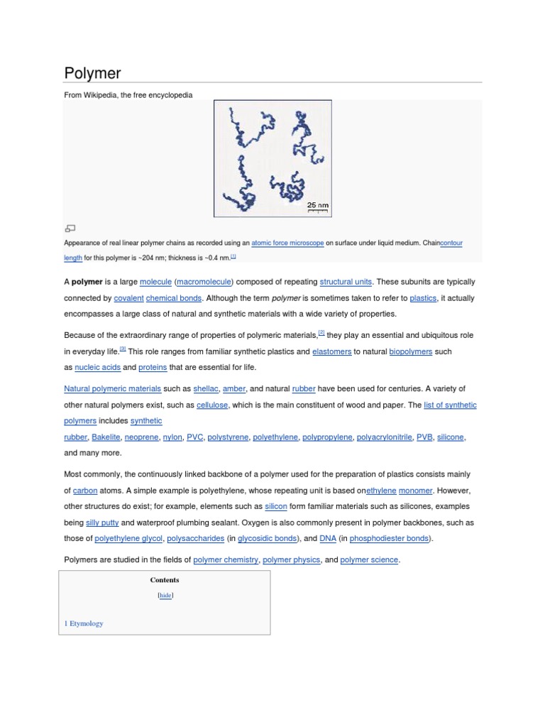 Polymer: From Wikipedia, The Free Encyclopedia | PDF | Cross Link | Polymers
