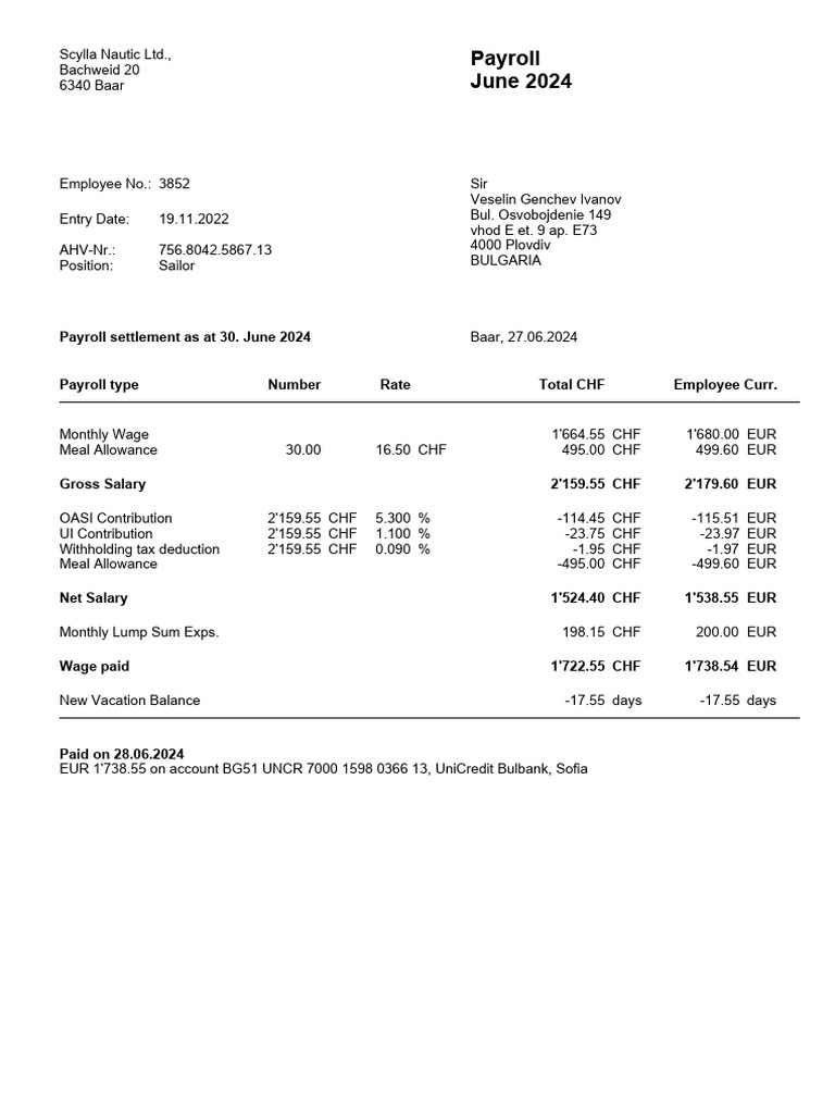 Payroll Settlement As at 30. June 2024 | PDF