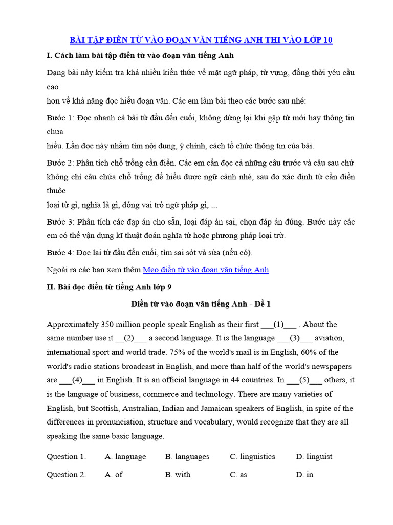 Bai Tap Dien Tu Vao Doan Van Tieng Anh | PDF