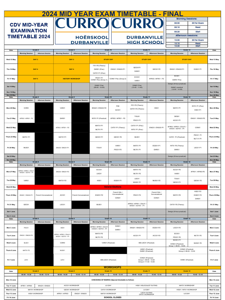 CDVHS Mid-Year Examination Timetable 2024 | PDF