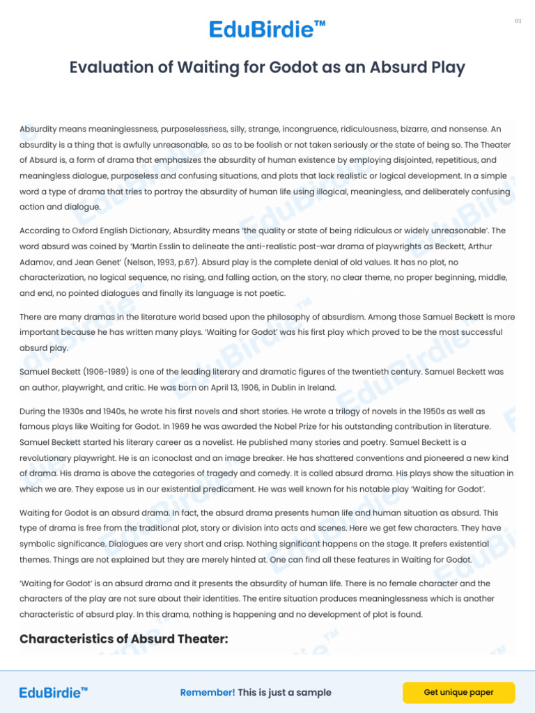 Evaluation of Waiting For Godot As An Absurd Play | PDF | Play (Theatre ...