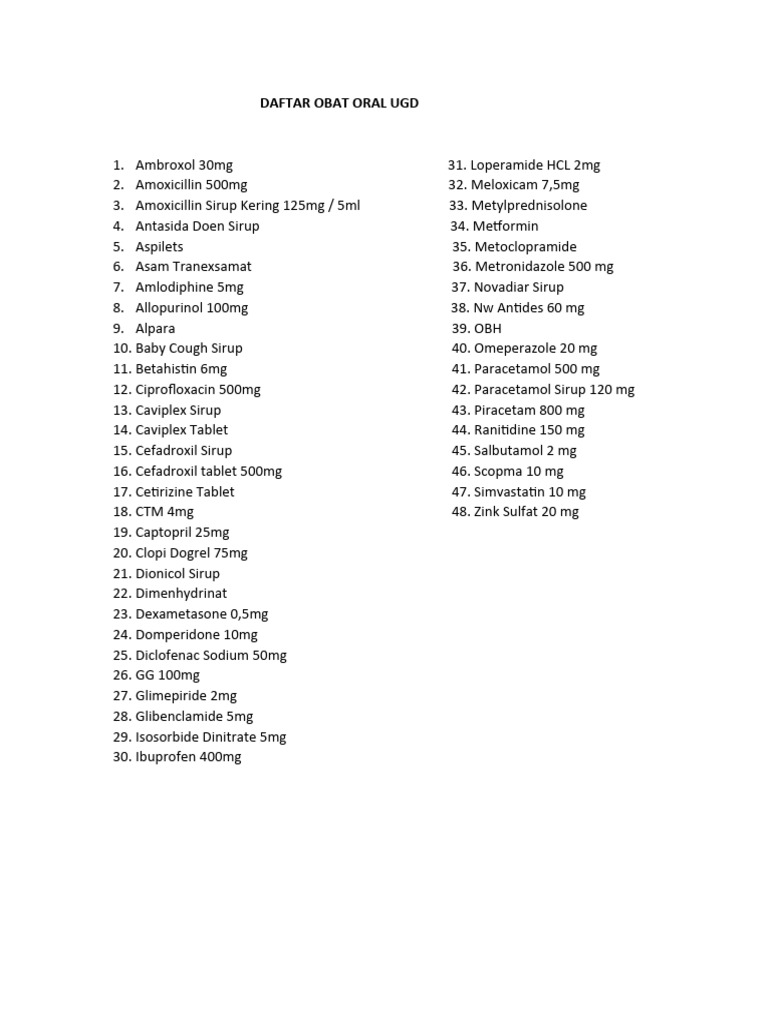 Daftar Obat Oral Ugd | PDF