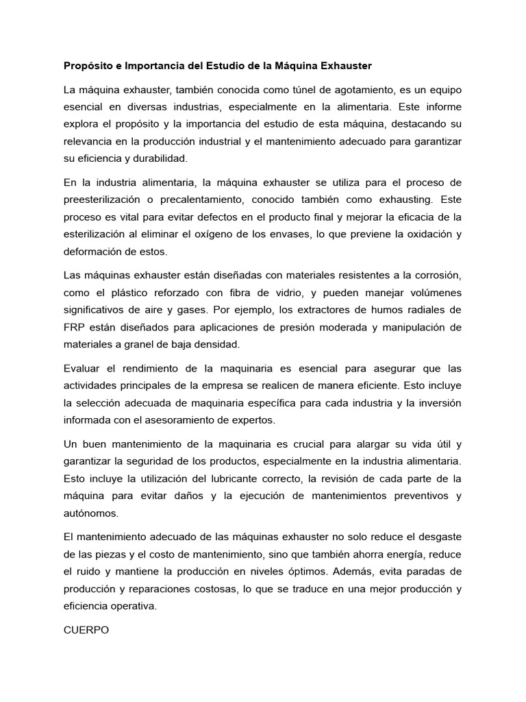 Propósito e Importancia Del Estudio de La Máquina Exhauster | PDF ...