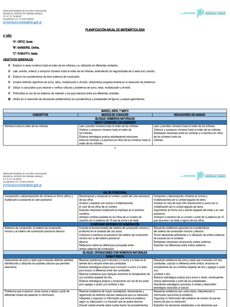 PlanificaciÓn Anual De MatemÁtica 4to 2024 Pdf Decimal Números 7500