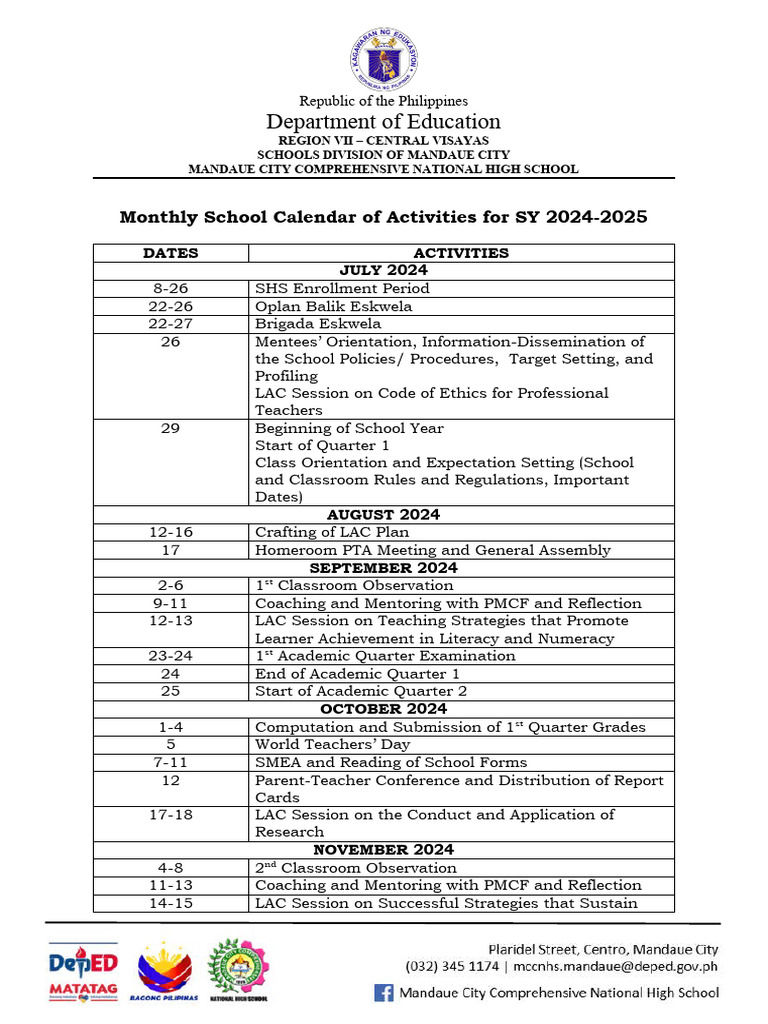 School Calendar of Activities For SY 2024-2025 | PDF | Mentorship ...