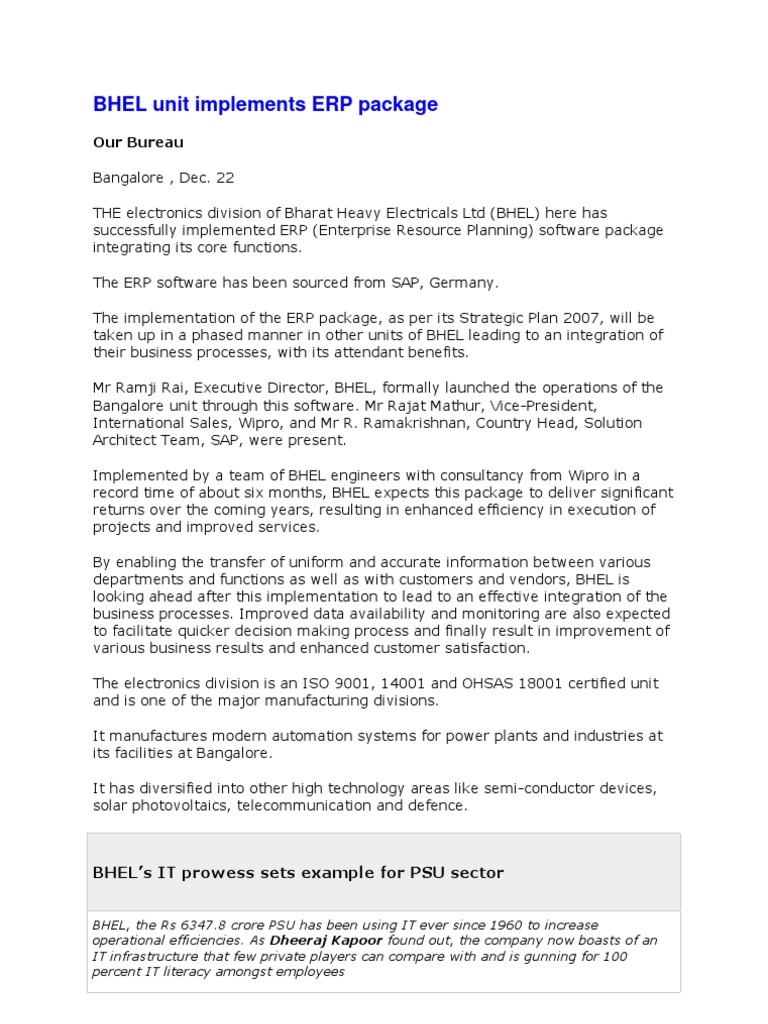 BHEL Unit Implements ERP Package | PDF | Enterprise Resource Planning ...