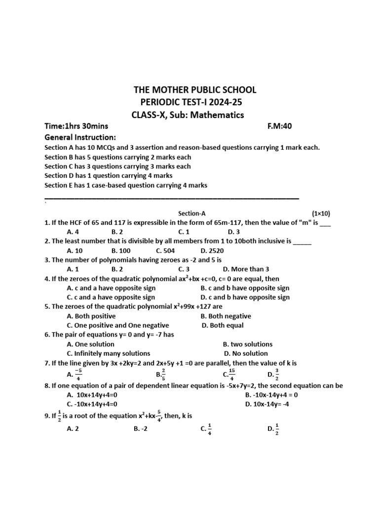 10 Math PT 1 (2024 25) | PDF | Quadratic Equation | Equations