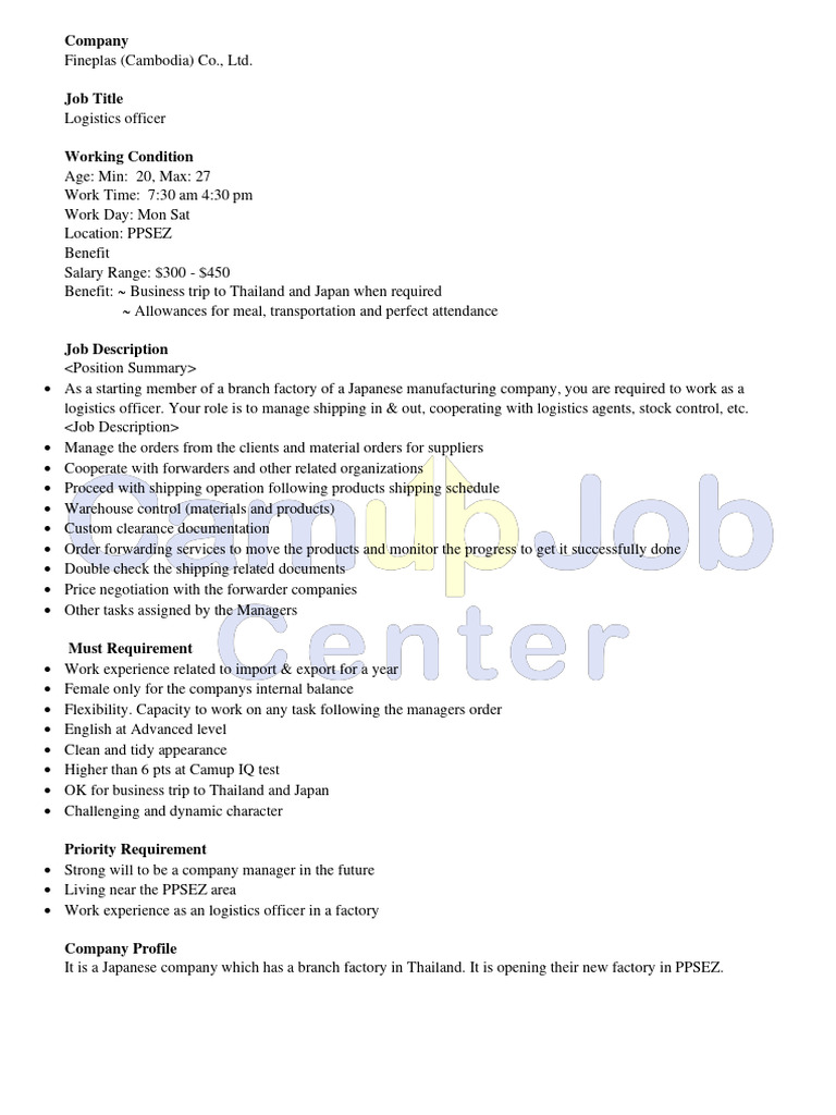 Fineplas (Cambodia) Co., Ltd. - Logistics Officer | PDF | Career & Growth