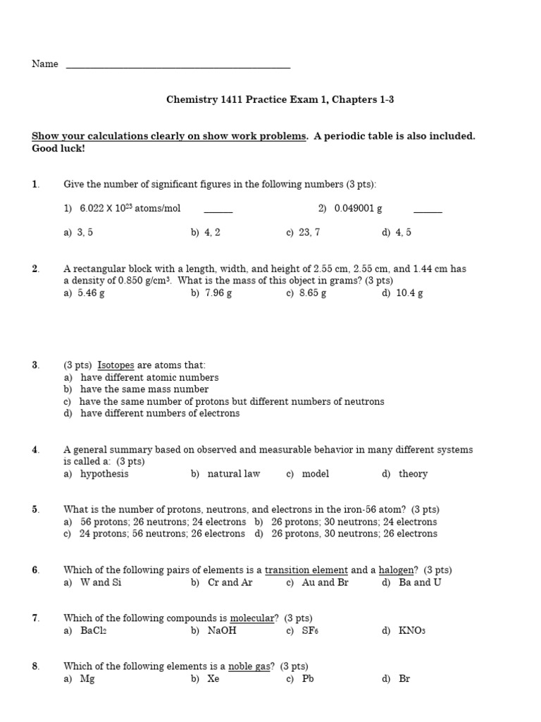 1411 Exam 1 Practice 151 | PDF | Mole (Unit) | Proton