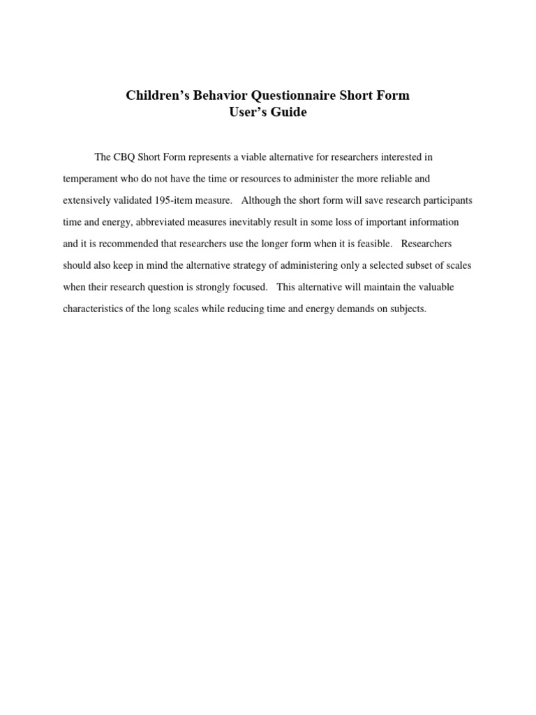 CBQ Short Form Guide for Researchers | PDF | Affect (Psychology ...