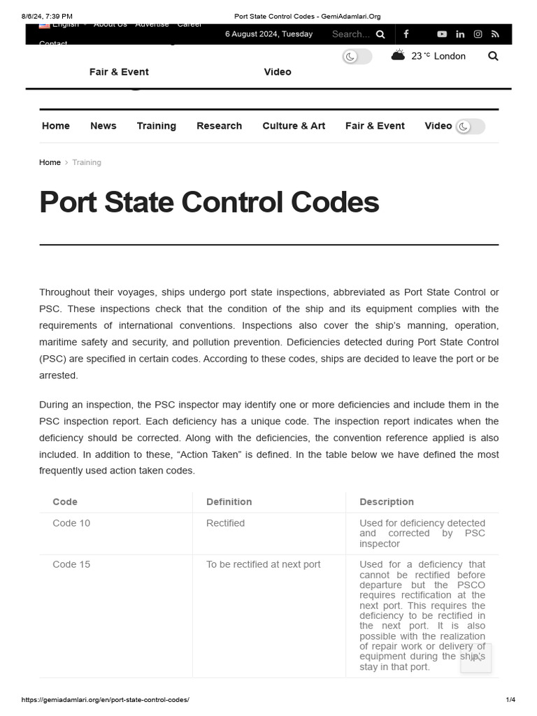 Port State Control Codes and Detention | PDF
