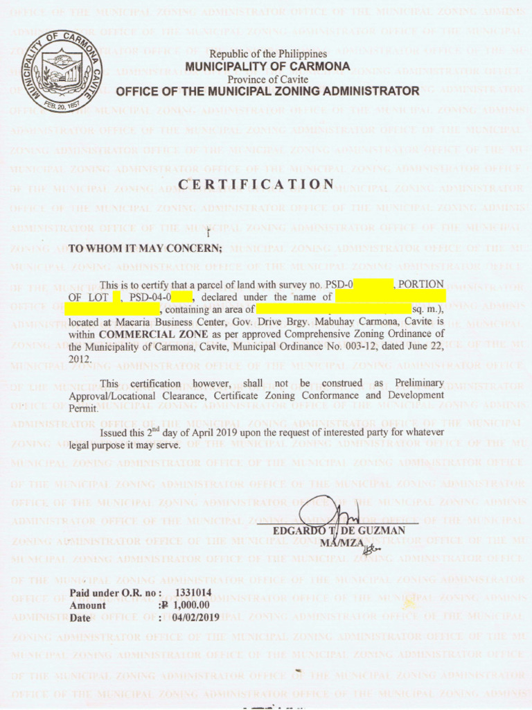Sample Carmona Municipality Zoning Certificate | PDF