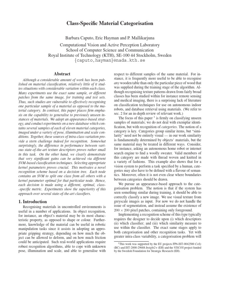 Class-Specific Material Categorisation: (Caputo, Hayman) @nada - Kth.se | PDF | Support Vector ...