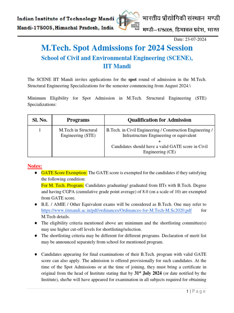 M.Tech Spot Admissions 2024 at IIT Mandi | PDF | University And College ...