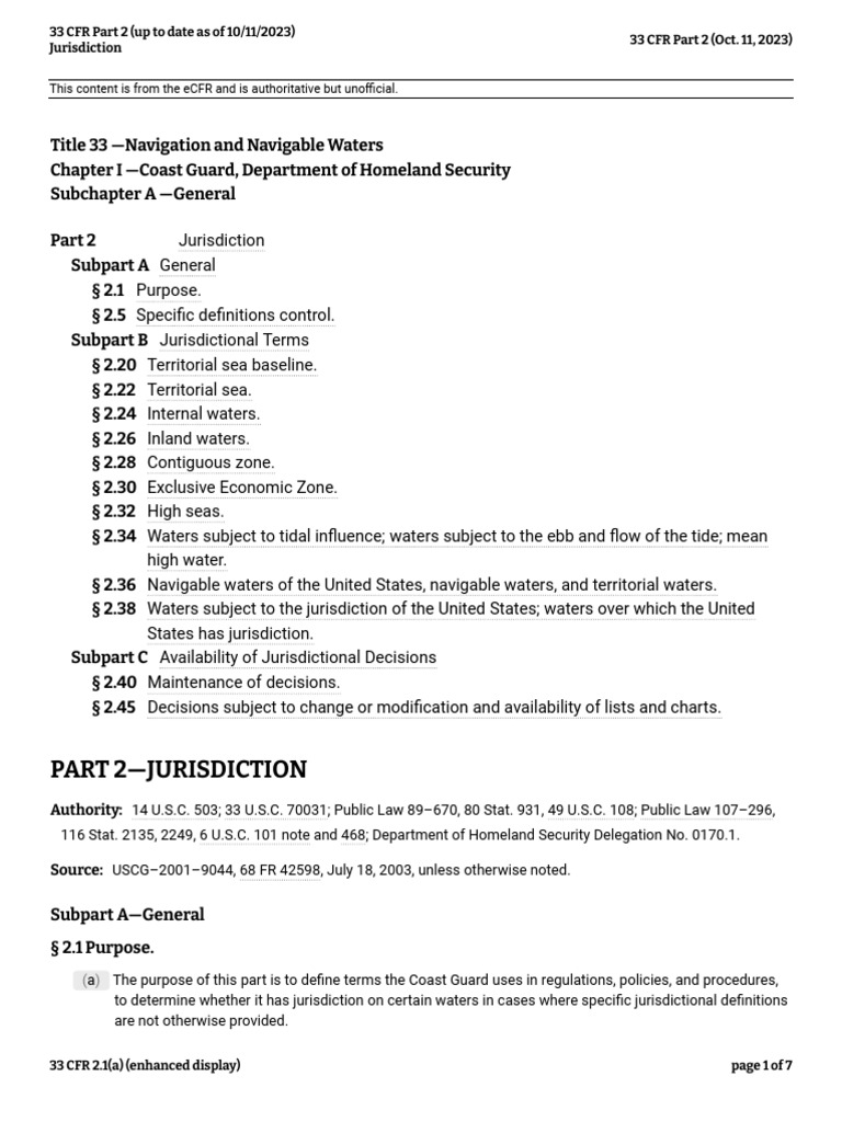 33 CFR Part 2 (Up To Date As of 10-11-2023 | PDF | Territorial Waters ...