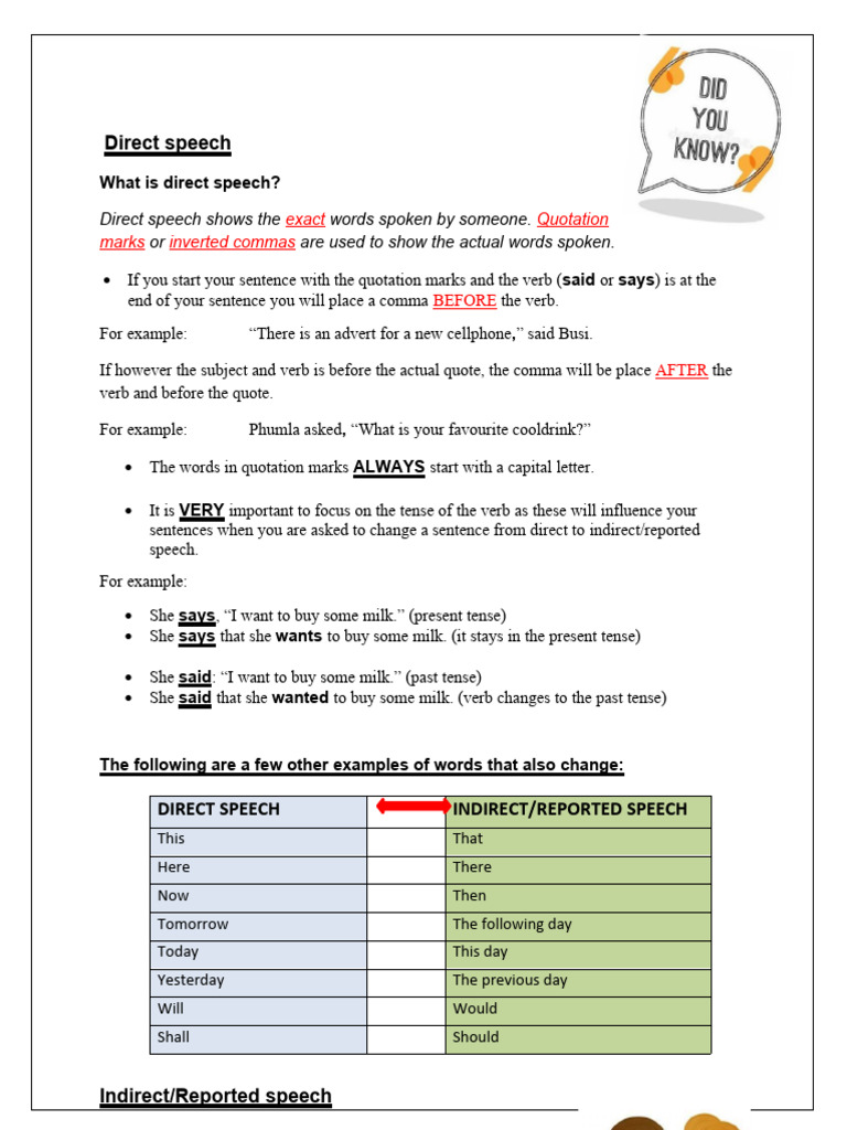 ENG 8 Direct and Indirect Speech | PDF | Verb | Language Mechanics
