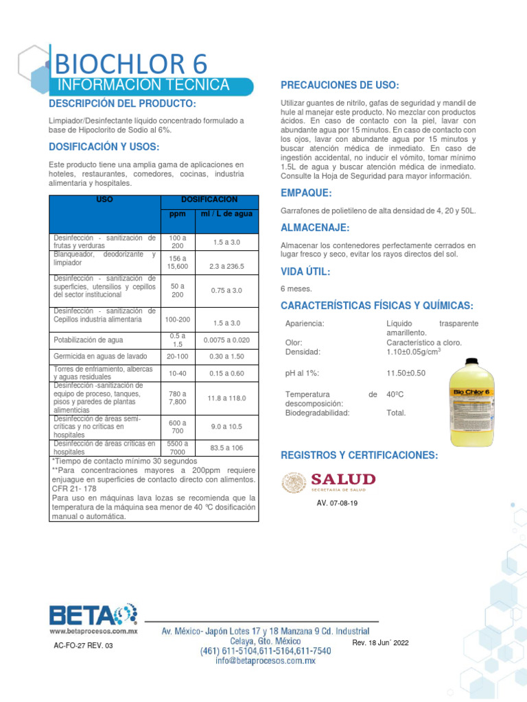 Ficha Tecnica BIOCHLOR 6 P036 | PDF | Agua | Blanqueador