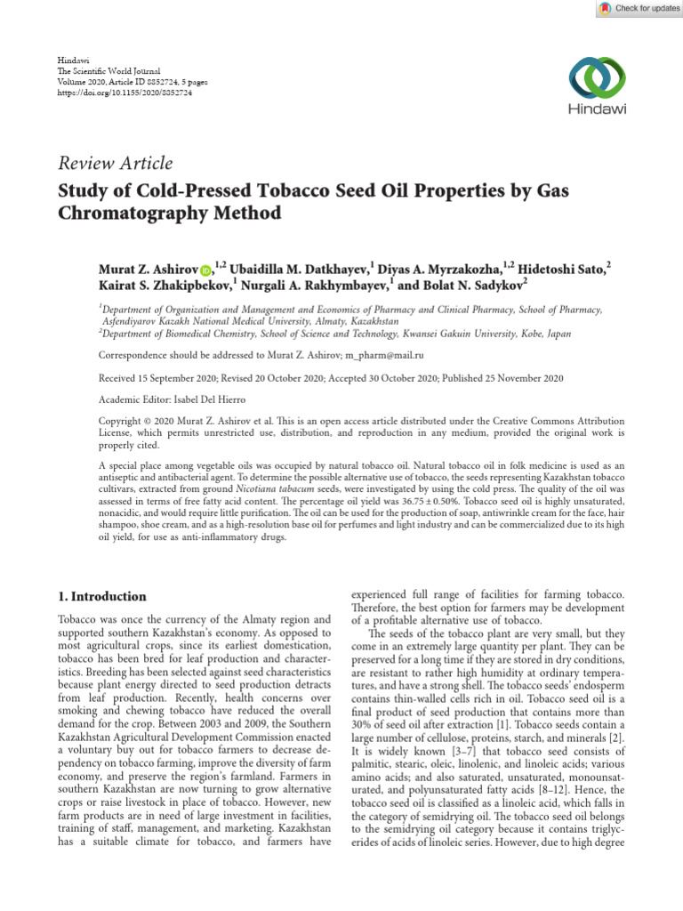 The Scientific World Journal - 2020 - Ashirov - Study of Cold‐Pressed Tobacco Seed Oil ...