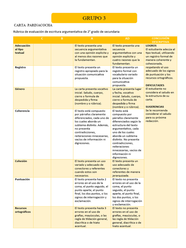 Rúbrica de Evaluación de Escritura Argumentativa de 2 - GRUPO 3 | PDF ...