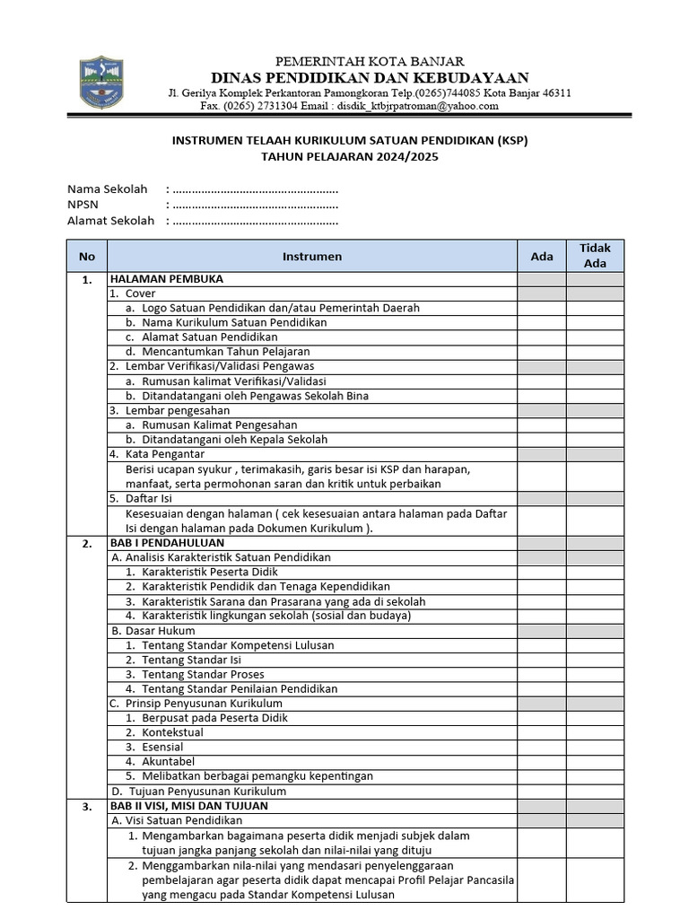 Instrumen Telaah KSP 2024-2025-SD Fik | PDF