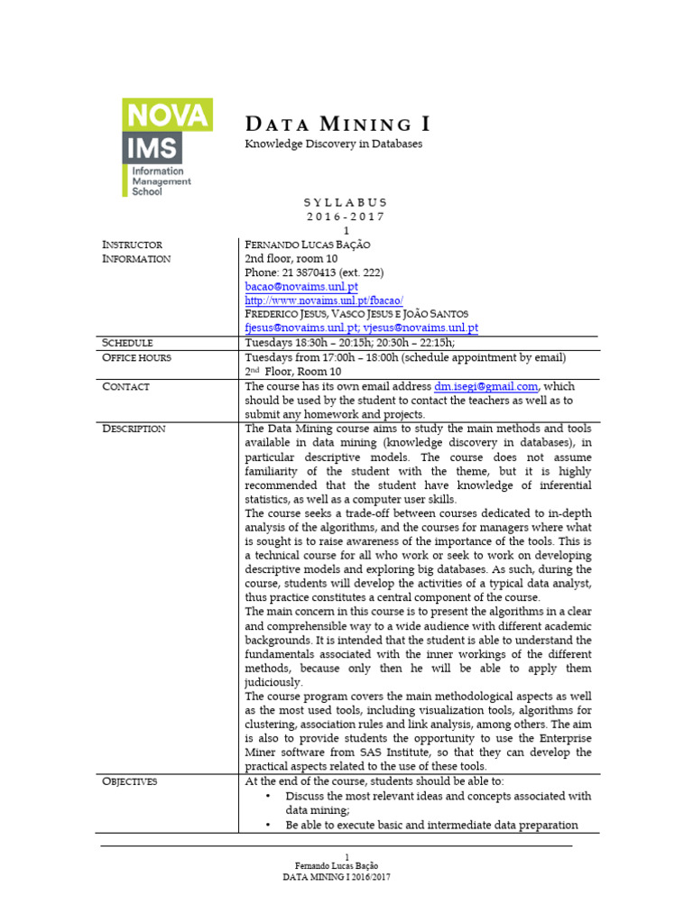 Aula 1 - Programa Mestrado Data Mining I 201617 v2 | PDF | Cluster Analysis | Data Mining