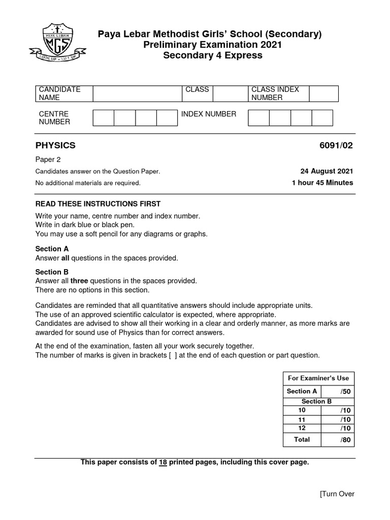 Paya Lebar Methodist Girls' School 2021 Prelims | PDF | Gases | Light