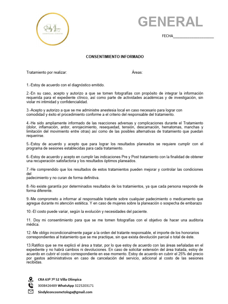 Consentimiento Informado (General) Atras | PDF | Consentimiento informado | Medicina CLINICA