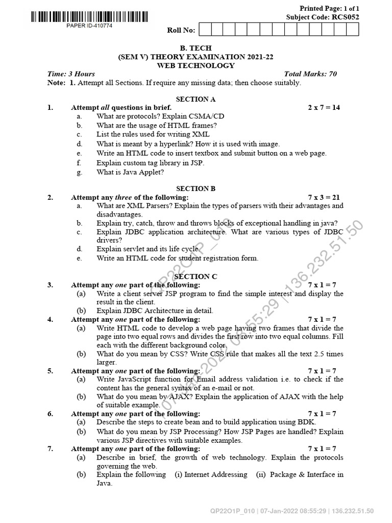 Web Technology Exam Questions 2021-22 | PDF | Hypertext | Software