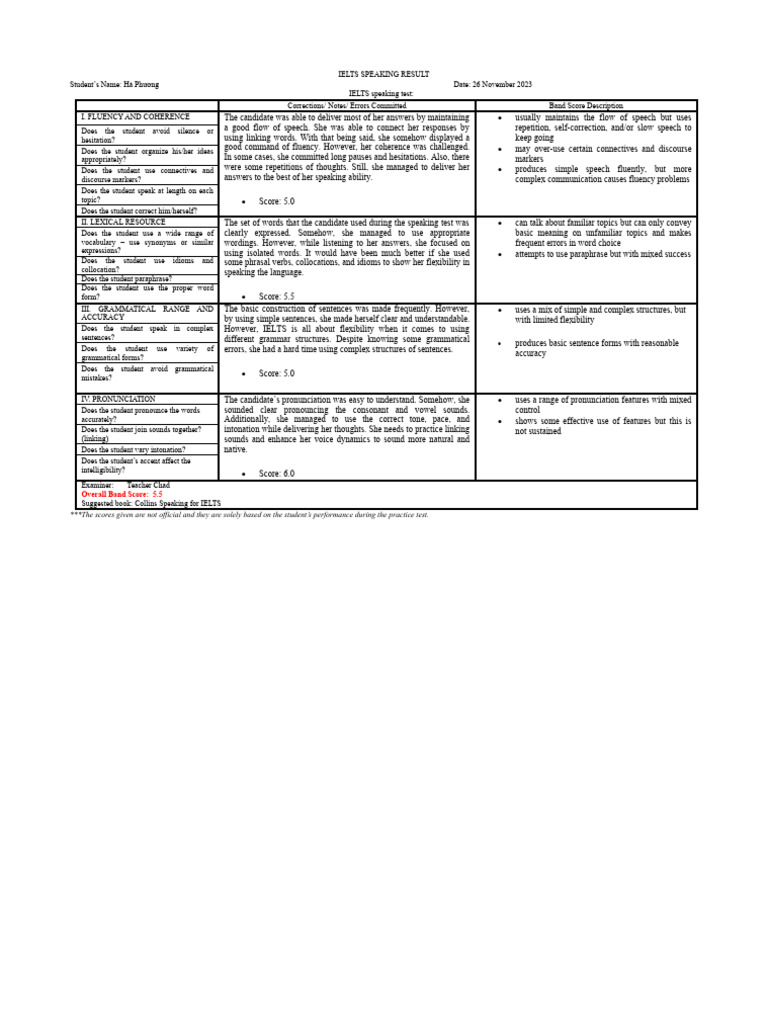 IELTS Speaking Test Evaluation | PDF | Speech | Fluency