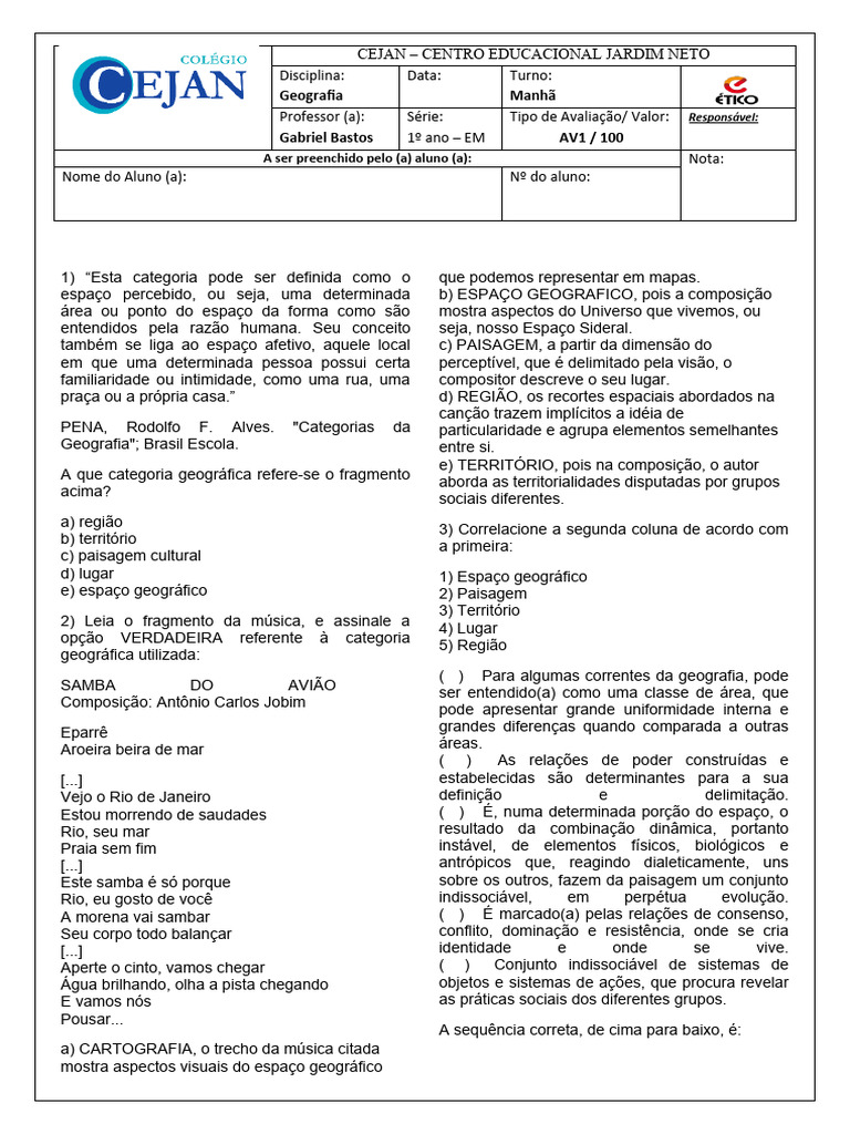 Av1 1bim Hist 1 Ano | PDF | Geografia | Geociências