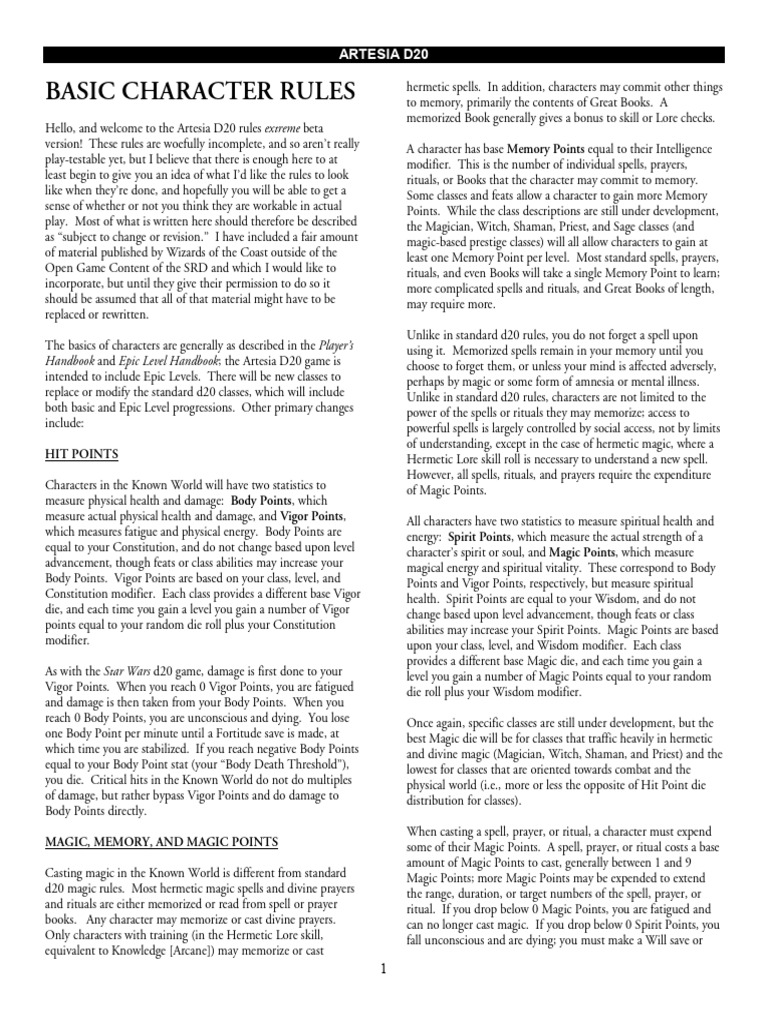 Artesia d20 Basic Character Rules | PDF