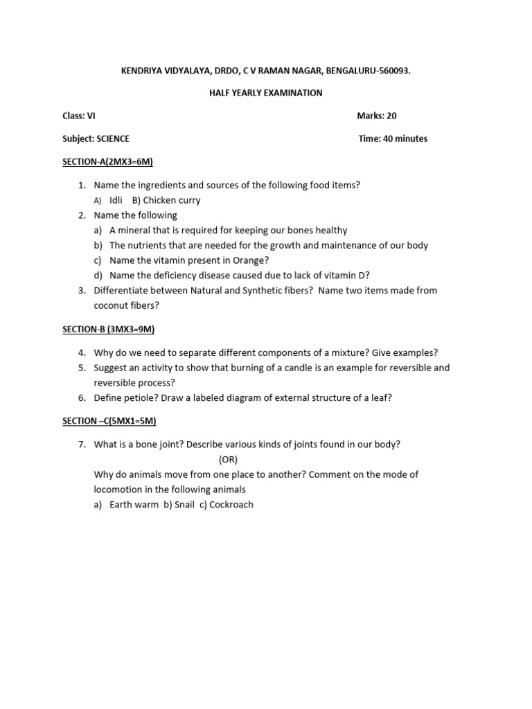 Class VI Science Half-Yearly Exam Paper | PDF