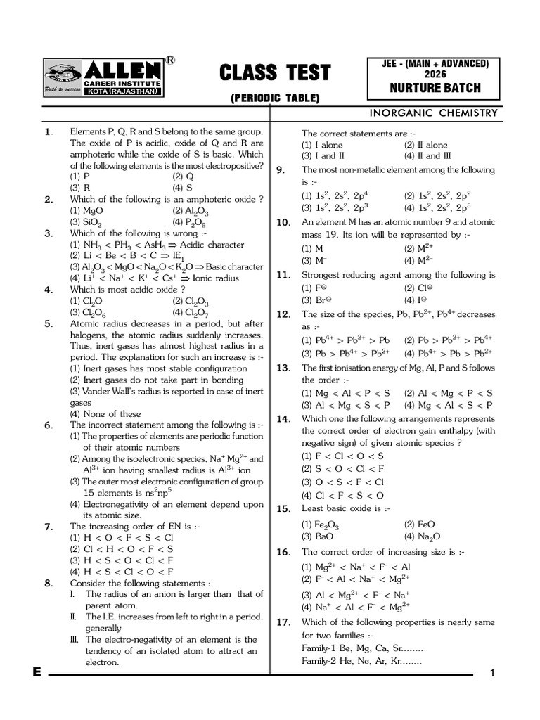 Class Test - Periodic Table | PDF | Lead | Periodic Table