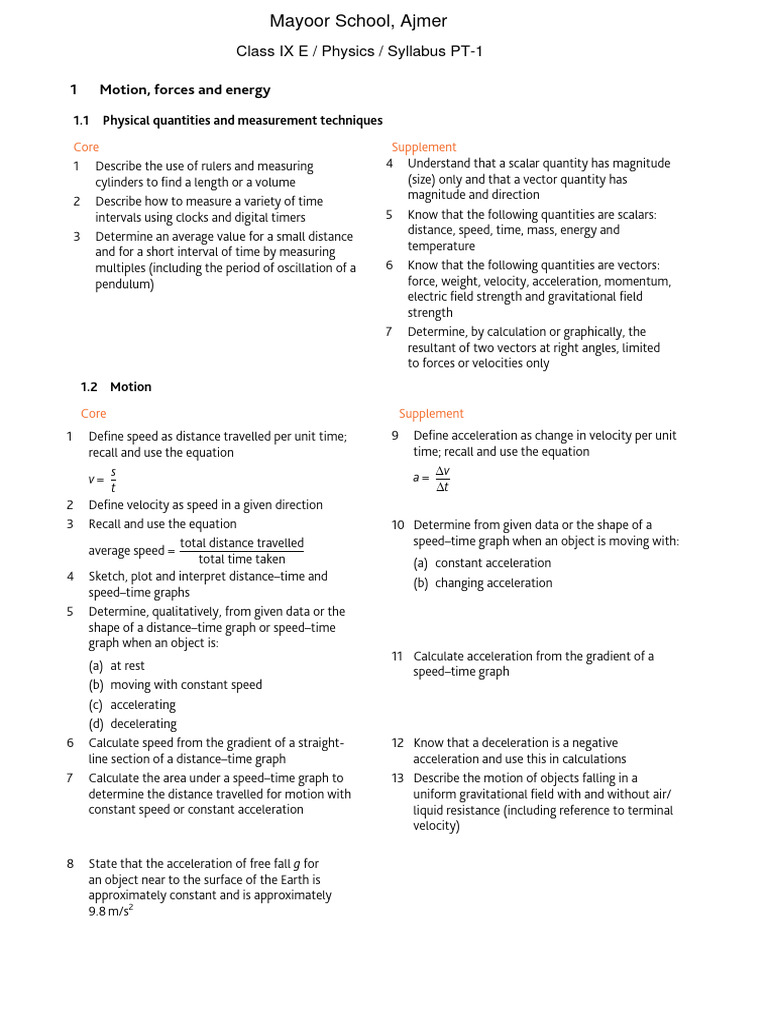 IX E - Physics - Syllabus - PT1 - 2024 | PDF | Force | Acceleration