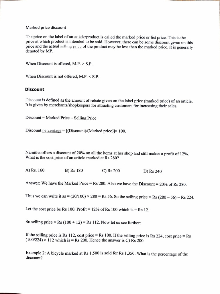 Ixe Marked Price Discount CP SP Concept Examples | PDF | Pricing ...