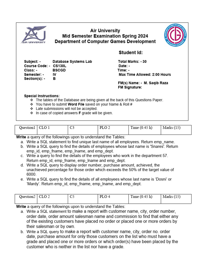 Mid Lab Exam DBMS-BSCGD-4-B | PDF | Databases | Sql