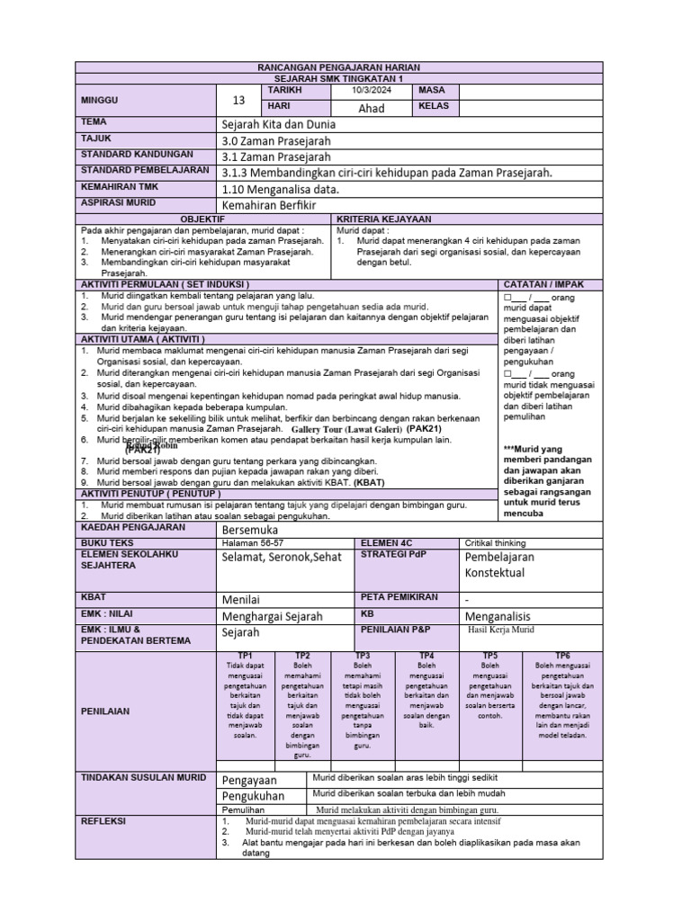 RPH SMK Minggu 13 Sejarah Tingkatan 1 2024 2025 by Cikgu Gorgeous | PDF