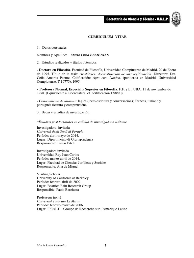 María Luisa Femenías - Curriculum Vitae | PDF | Estudios de género | Derechos humanos